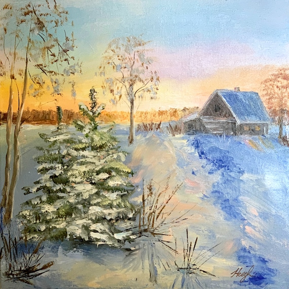 Landscape Painting House in the Snow Oil Painting Rebeccambeal Winter ...