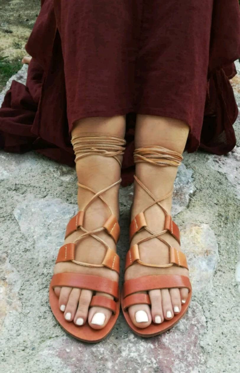 Handmade Greek Real Leather Gladiator Lace up Sandals, Dalida Sandals ...