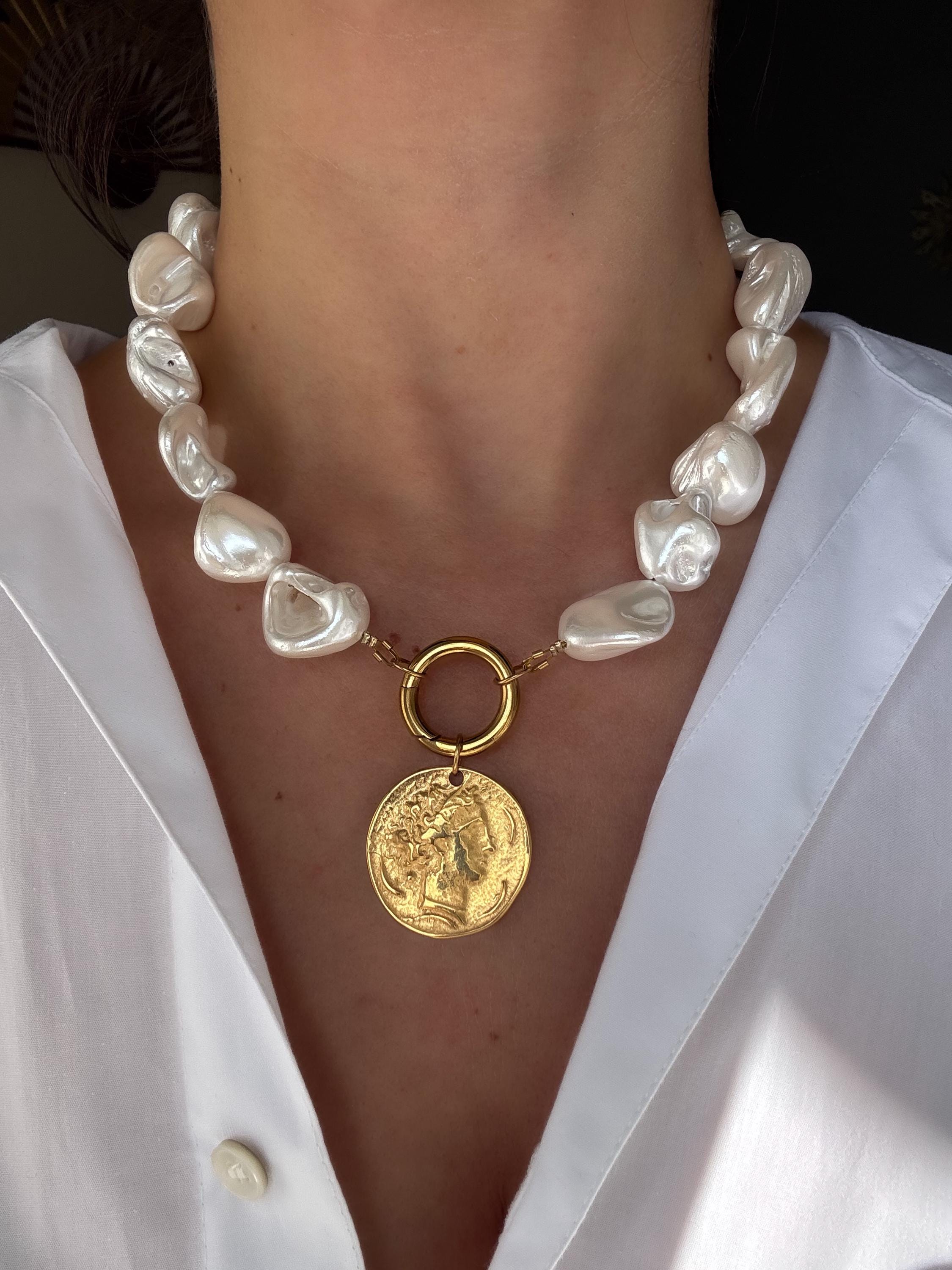 Chunky Irregular Shell Pearl Necklace: Carabiner Gold Large Coin ...