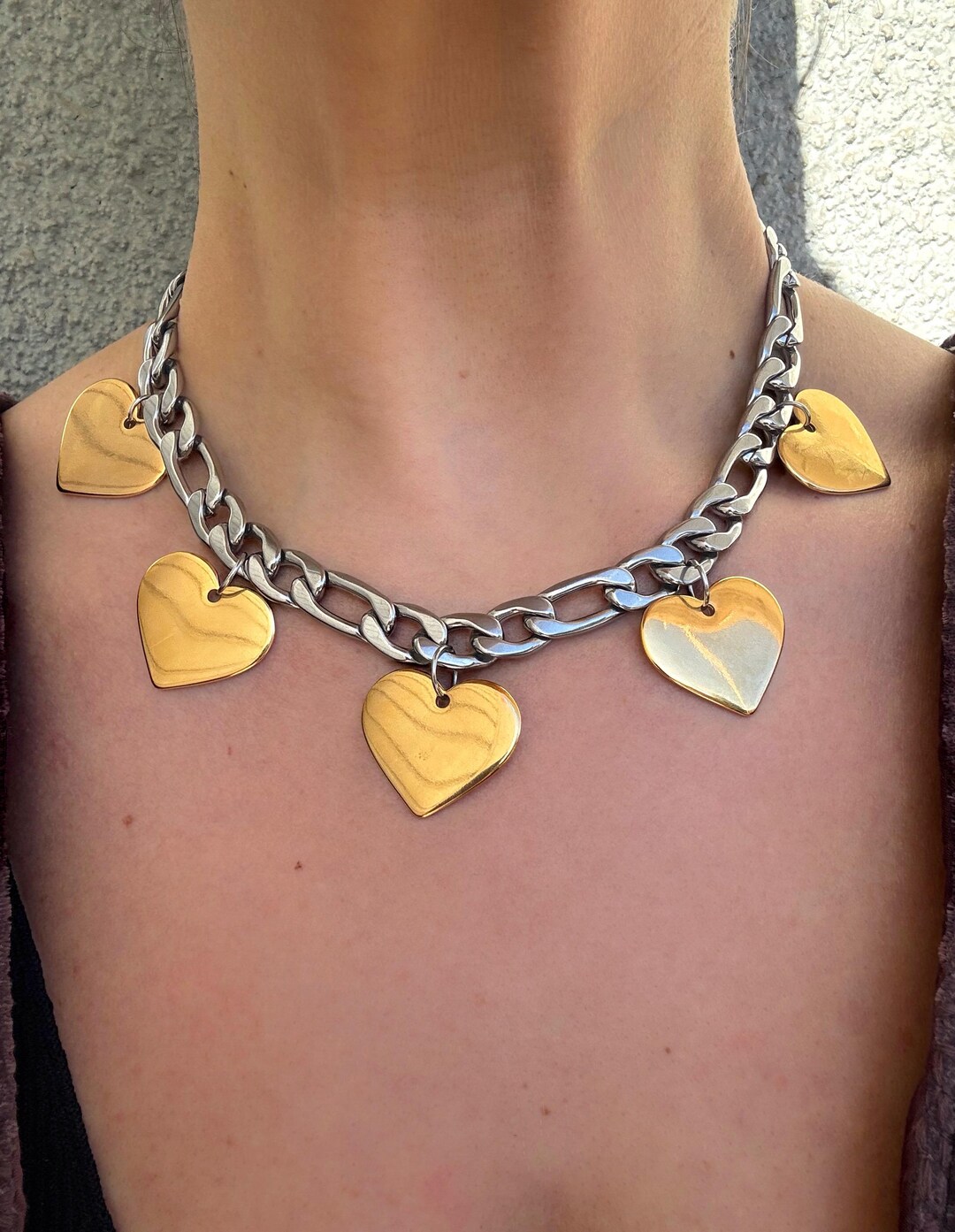 Chunky Cuban Chain Necklace With Multi Gold Heart Charms : Statement ...