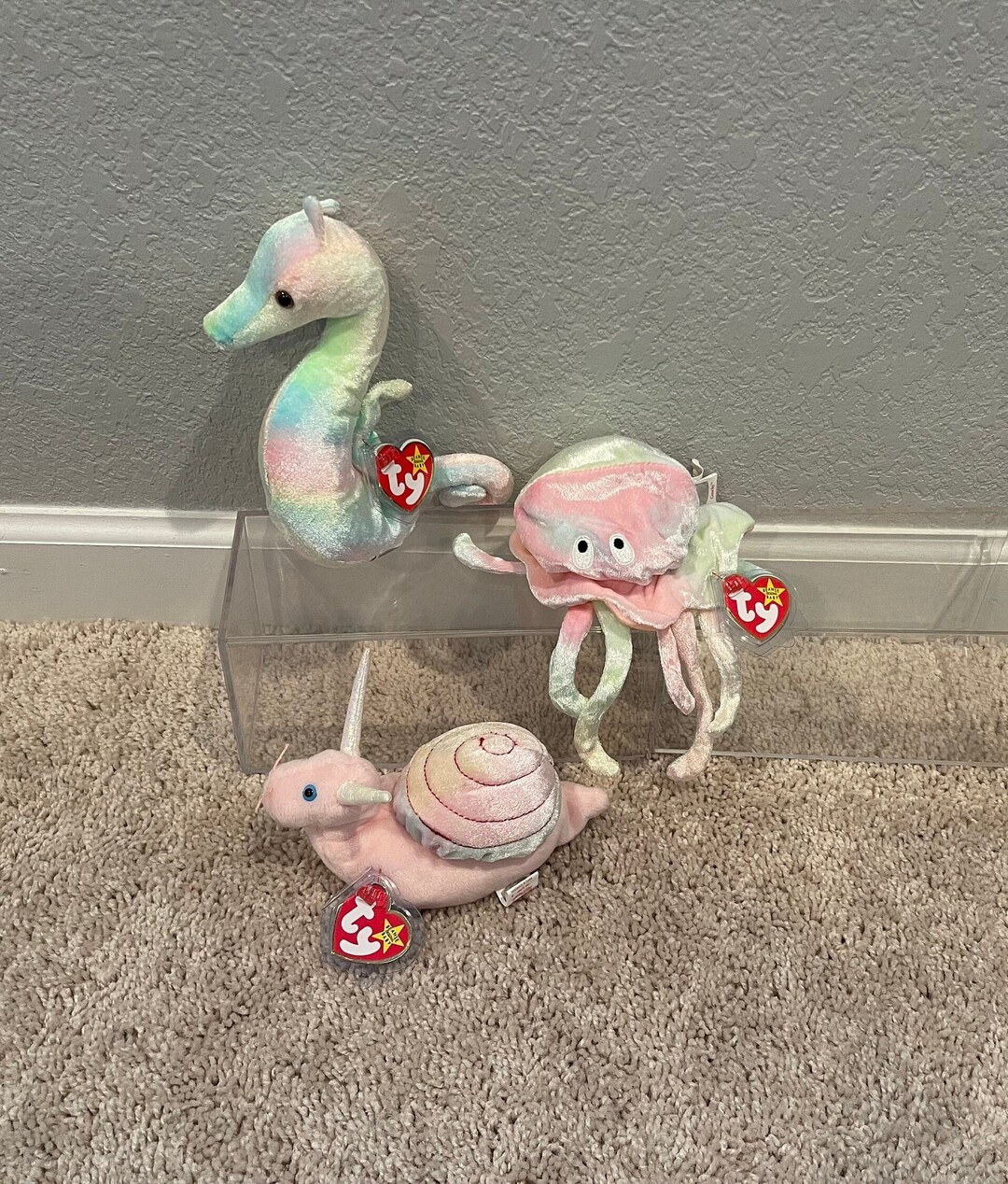 Ty Beanie Babies - Neon Water Creatures - Seahorse, Jellyfish, Snail ...