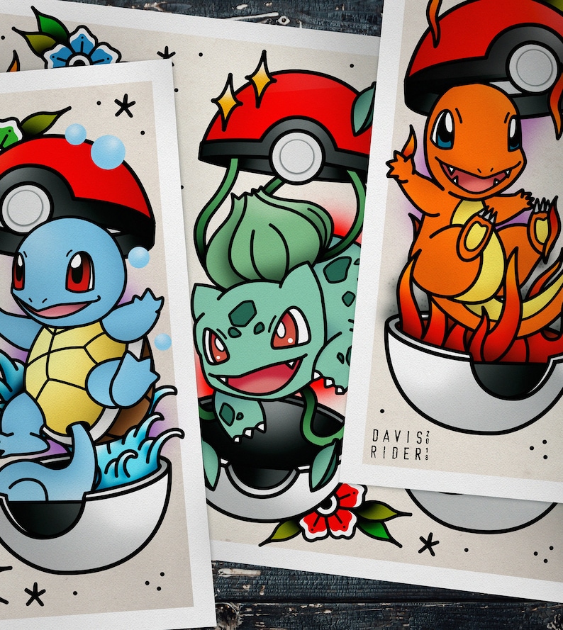 Pokemon Starters Tattoo Flash Art Print | Etsy