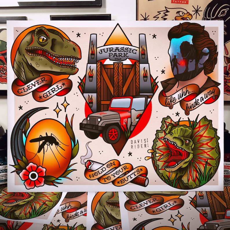 Jurassic Park Tattoo Flash Art Print Etsy