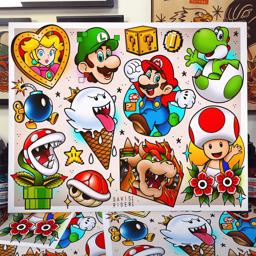 Super Plumber Bros Inspired Tattoo Flash Sheet - Etsy