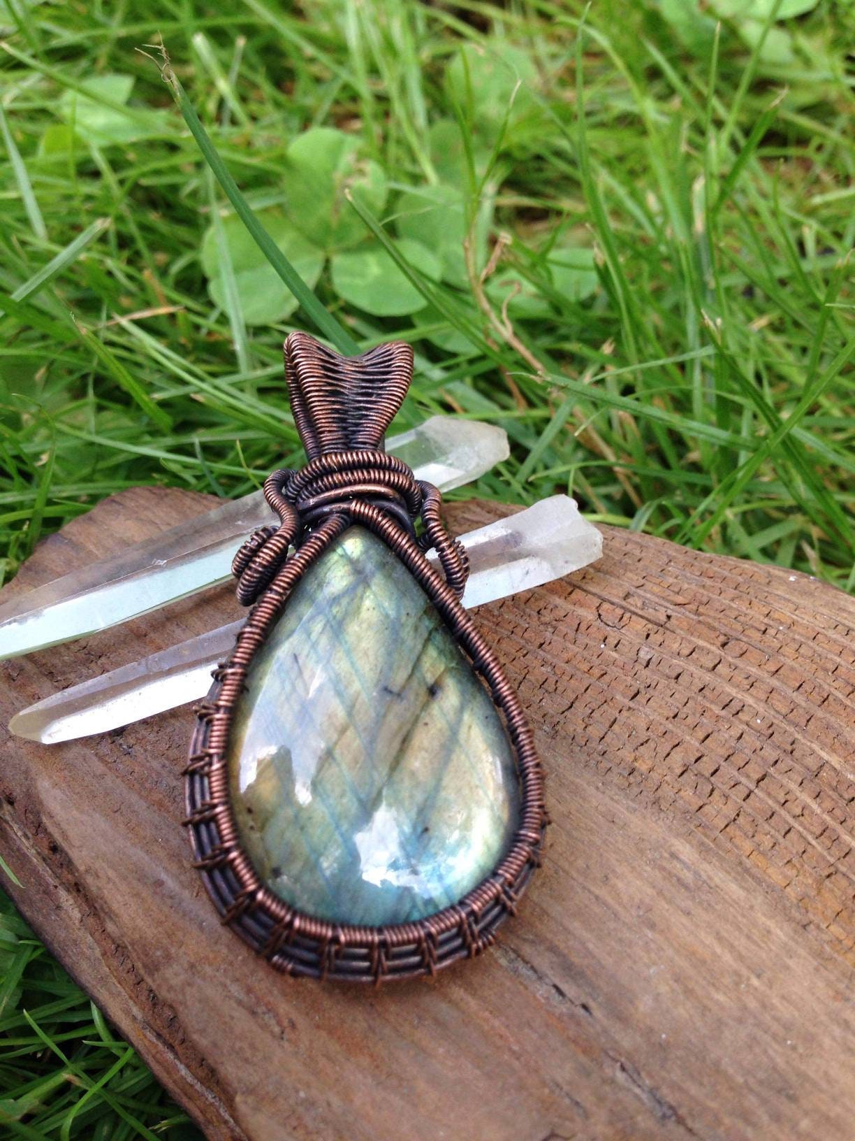 Rainbow Labradorite wire wrap pendant wrapped in oxidized copper with ...