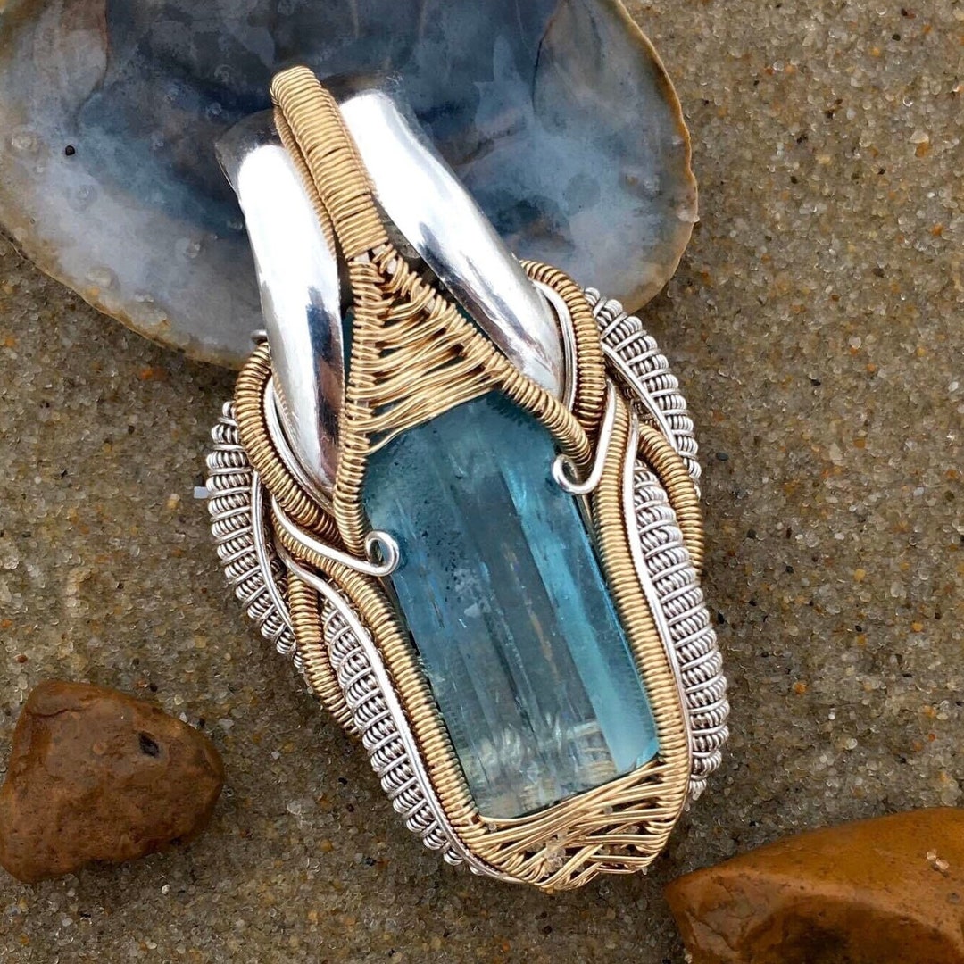 Vietnamese Aquamarine Crystal Pendant Necklace 21 Gram Wire Wrapped 925 ...