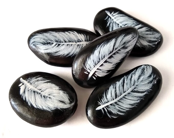 One Tiny White Feather Painted on a Pebble, Painted Feather Rock, White ...