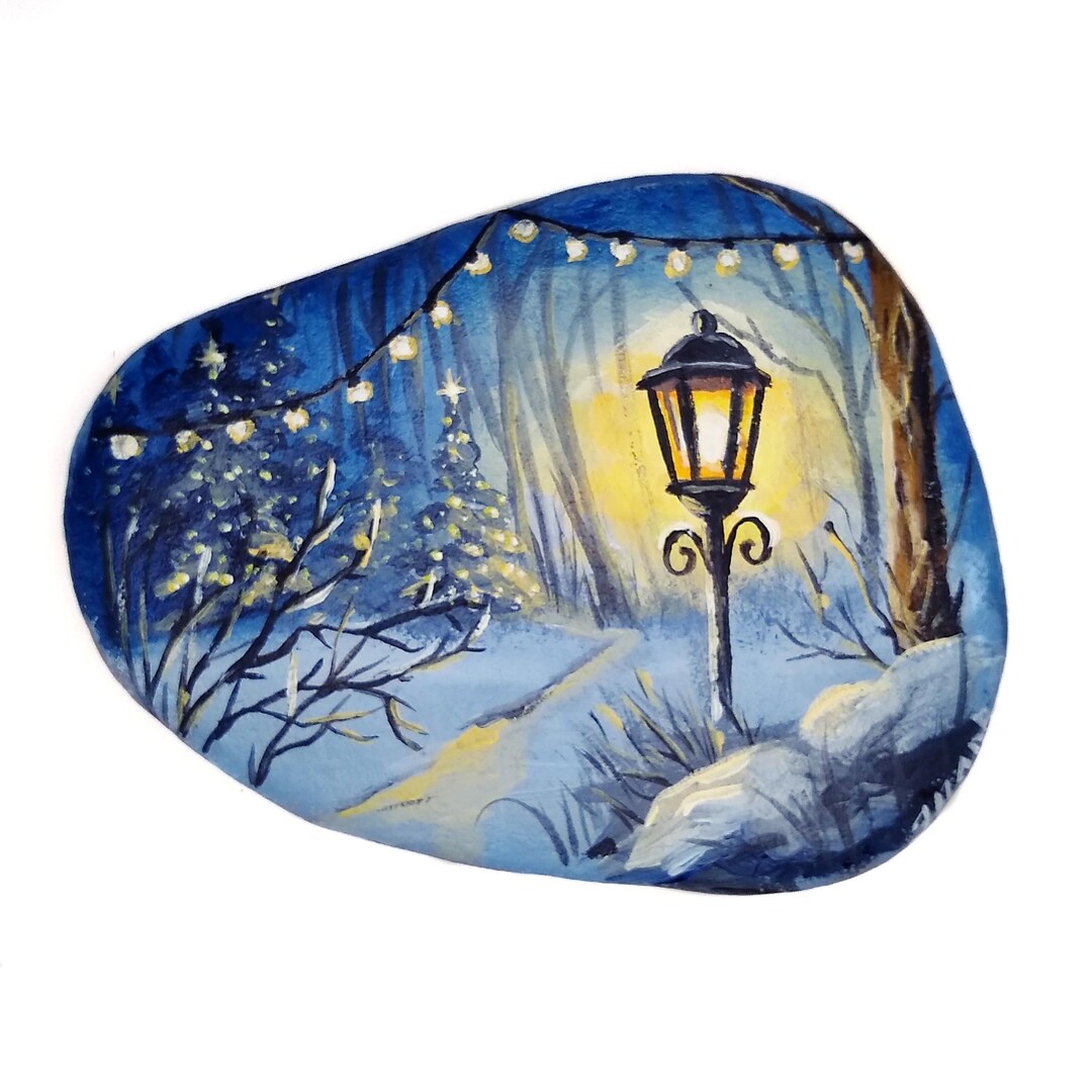 Hand Painted Rock Winter Snow Scene Park With Christmas Trees and ...