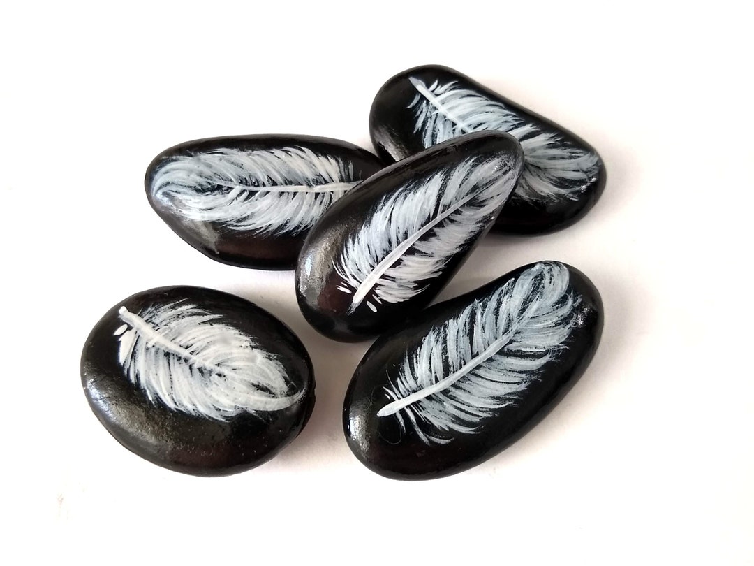One Tiny White Feather Painted on a Pebble, Painted Feather Rock ...
