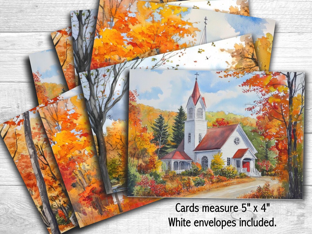 Christian All Occasion Religious Note Card Set, White Church Fall Trees ...