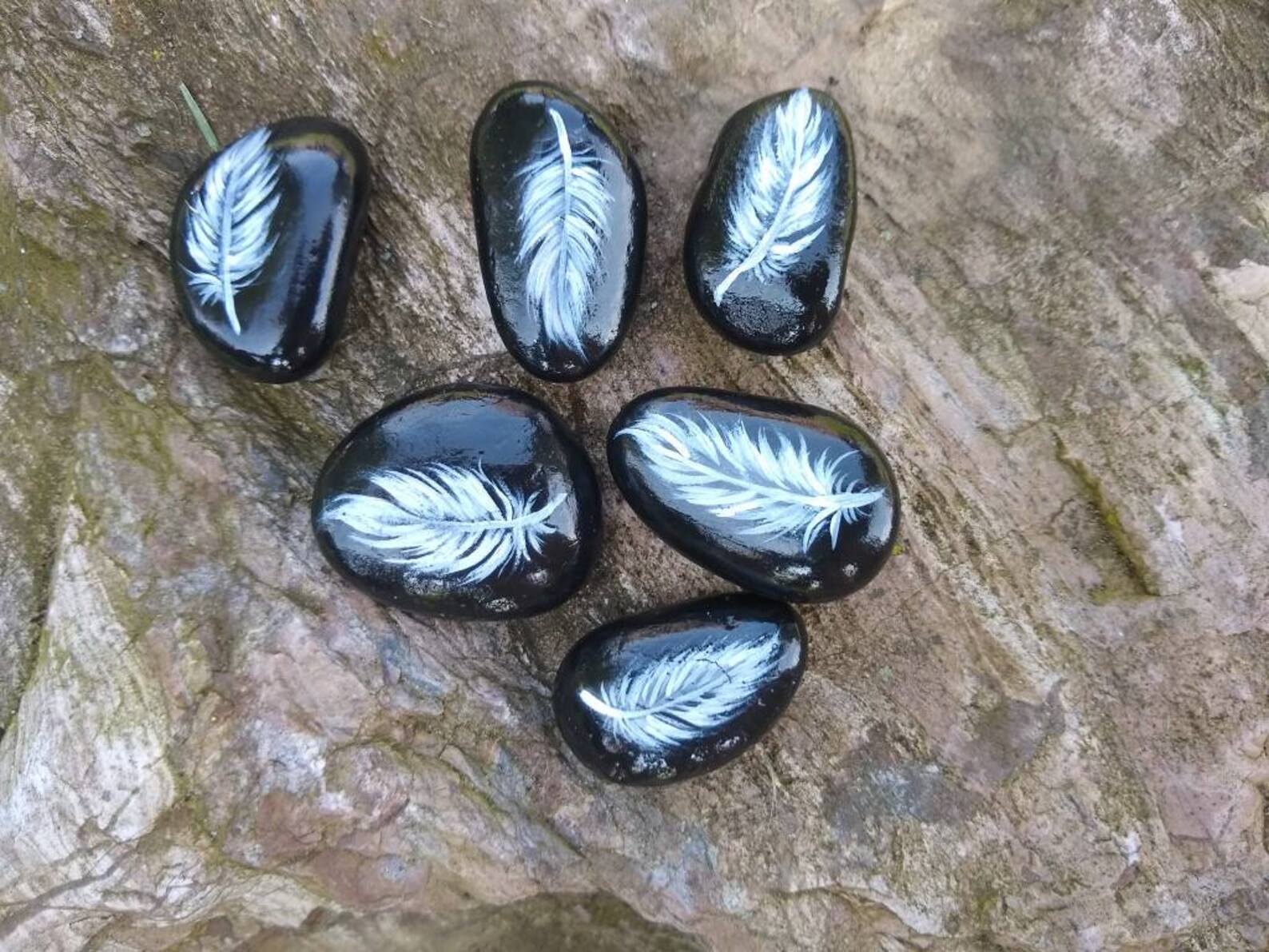 One Tiny White Feather Painted on a Pebble Painted Feather | Etsy