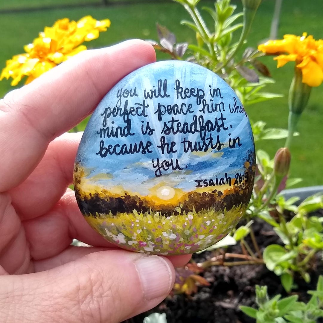 Hand Painted Scripture Rock Wildflower Field With Sunset, Religious ...