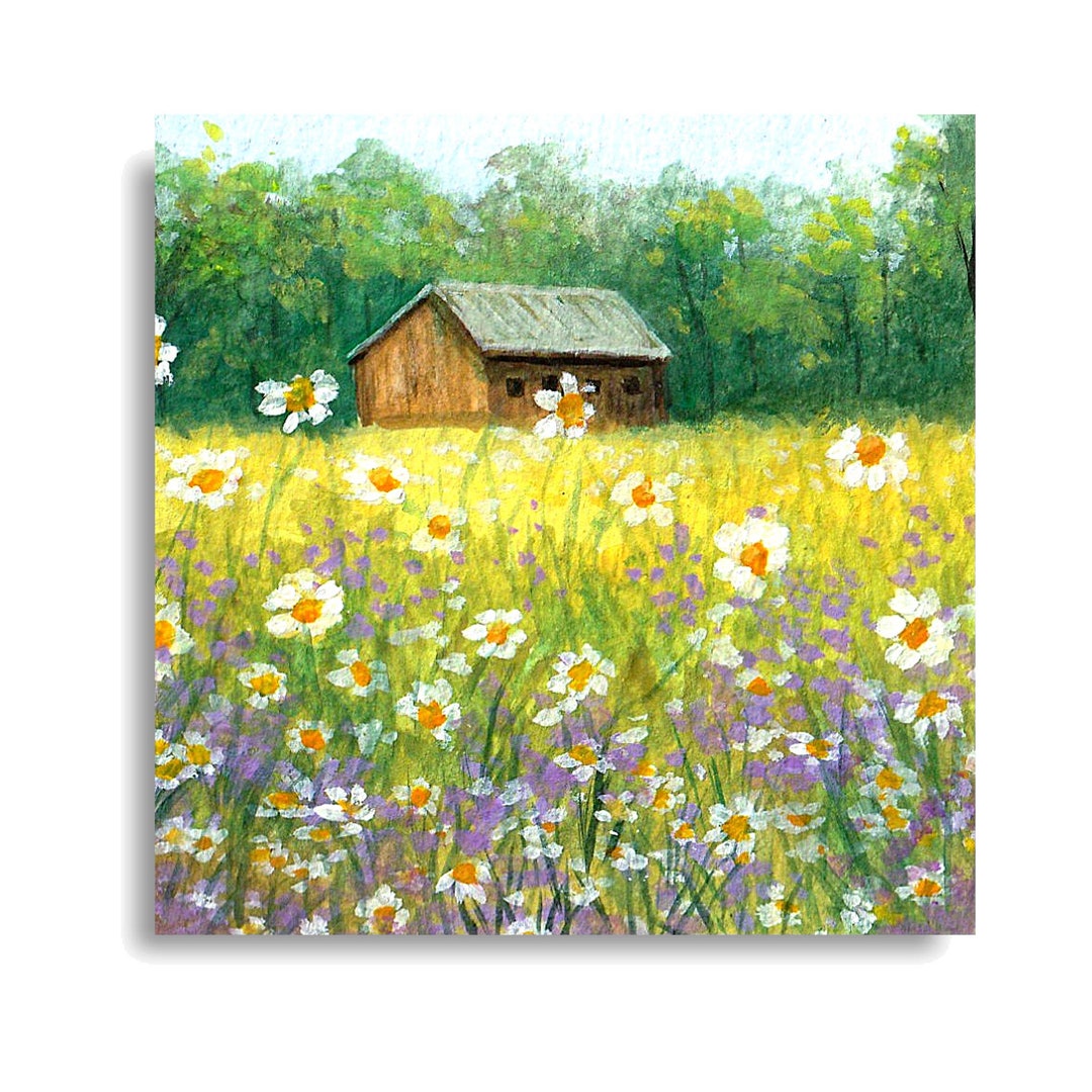 4”x4” Old Barn in Spring Flower Meadow Field, Mini Landscape Art Print ...