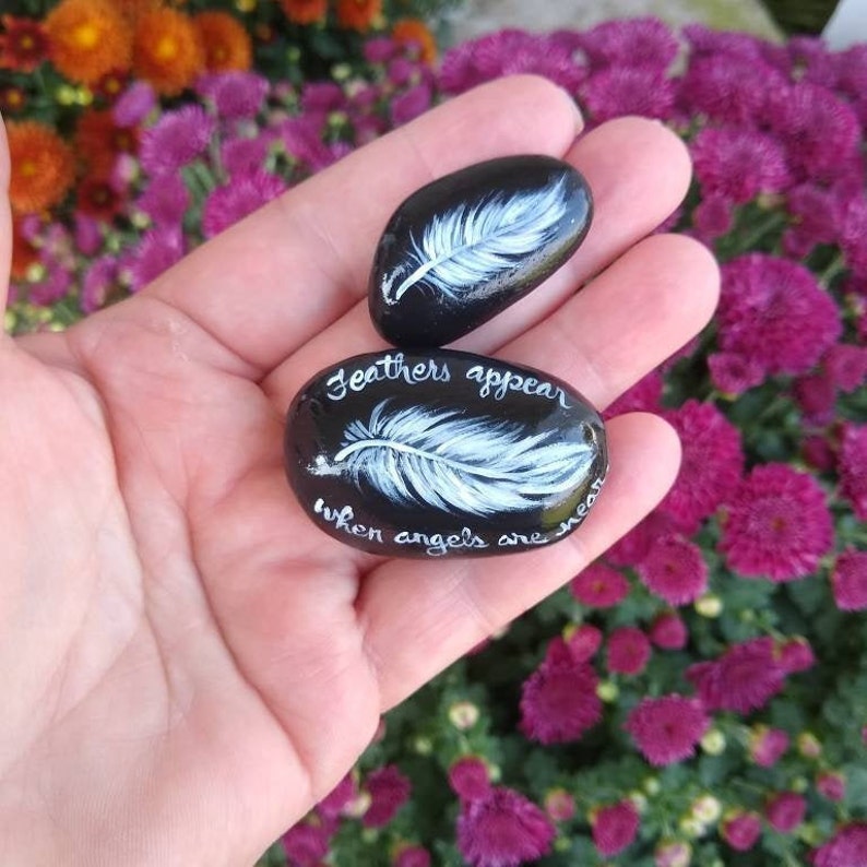 One Tiny White Feather Painted on a Pebble Painted Feather | Etsy