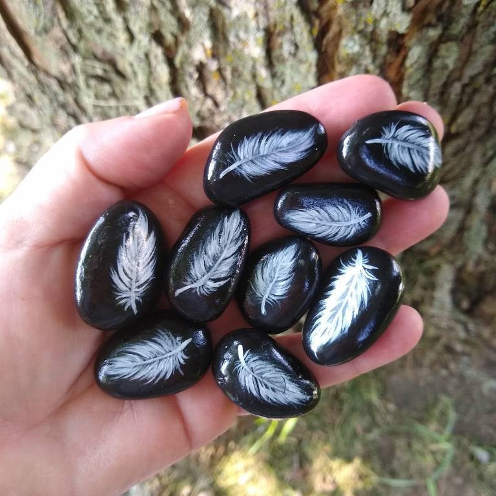One Tiny White Feather Painted on a Pebble Painted Feather | Etsy