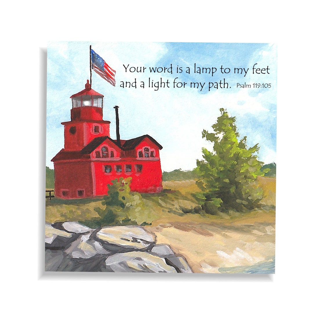 Bible Scripture Card Lighthouse Painting Art Print, Inspirational ...