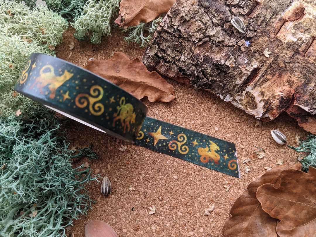 Washi Tape 17mm Celtic Cryptids Gold & Teal Triskele Mythology Cat Dog ...