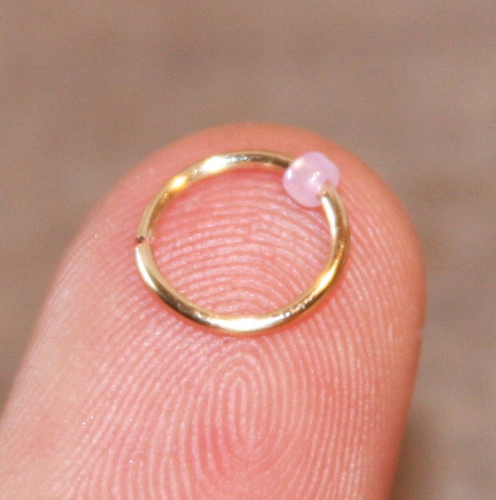 Small Nose Ring 20 Gauge, Pink Beaded Cartilage Hoop, Small Hoop ...