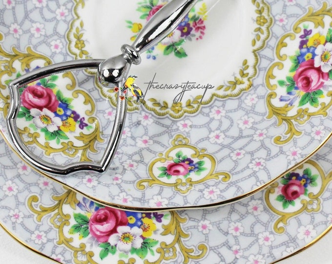 Vintage 2 Tier Cake Stand Ring Jewelry Dish - Gray Floral Tea Party ...