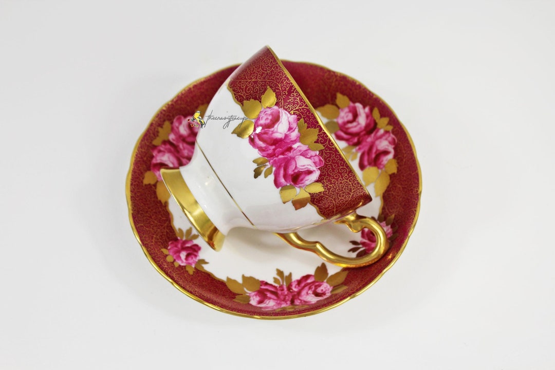 Tuscan Maroon Gold Swirls Pink Roses With Gold Leaves English Bone ...