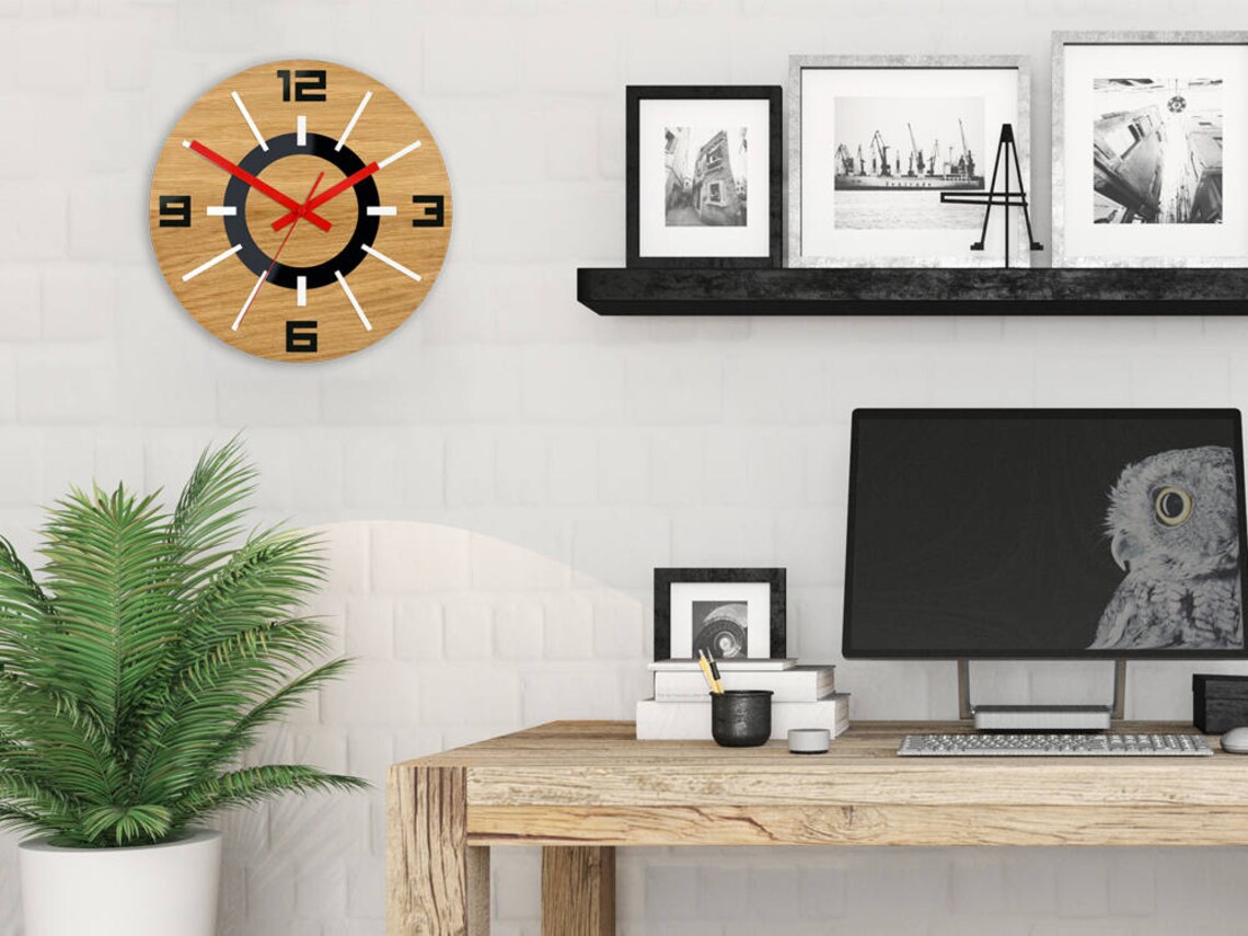 Large Wood Wall Clock, OAK, 40cm, 15.75" , Gift, Unique Wall Clock, Red ...