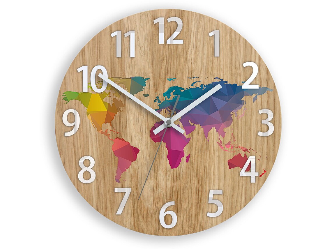 Wall Clock OAK 13 in World Map With Numbers Wood Clock - Etsy