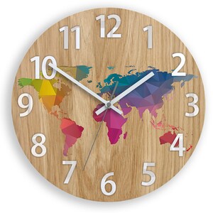 Wall Clock - OAK 13 in - World Map With Numbers - Wood Clock ...