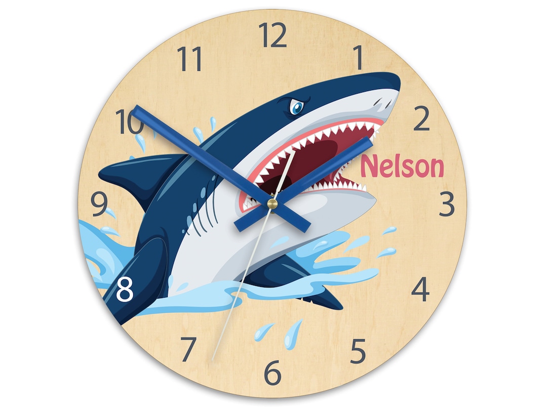 Children Wall Clock - Shark With Personalizen Name, Blue Shark , Gift ...