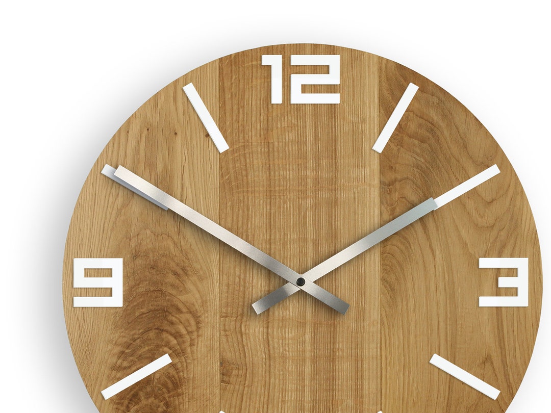 Wood Wall Clock, Oak, White Numbers, Large Wall Clock 15,75", Clock ...