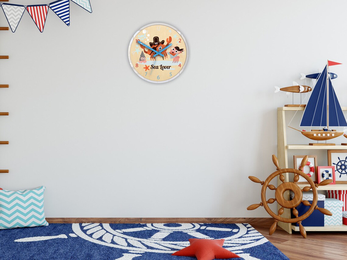 Children wall clock pirate crab Wood clock Large wall clock | Etsy