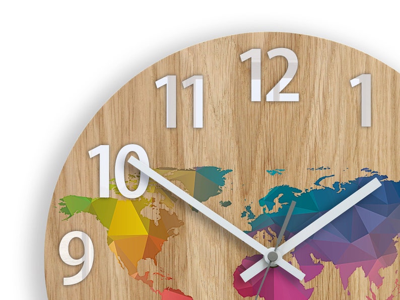 Wall Clock OAK 13 in World Map With Numbers Wood Clock - Etsy