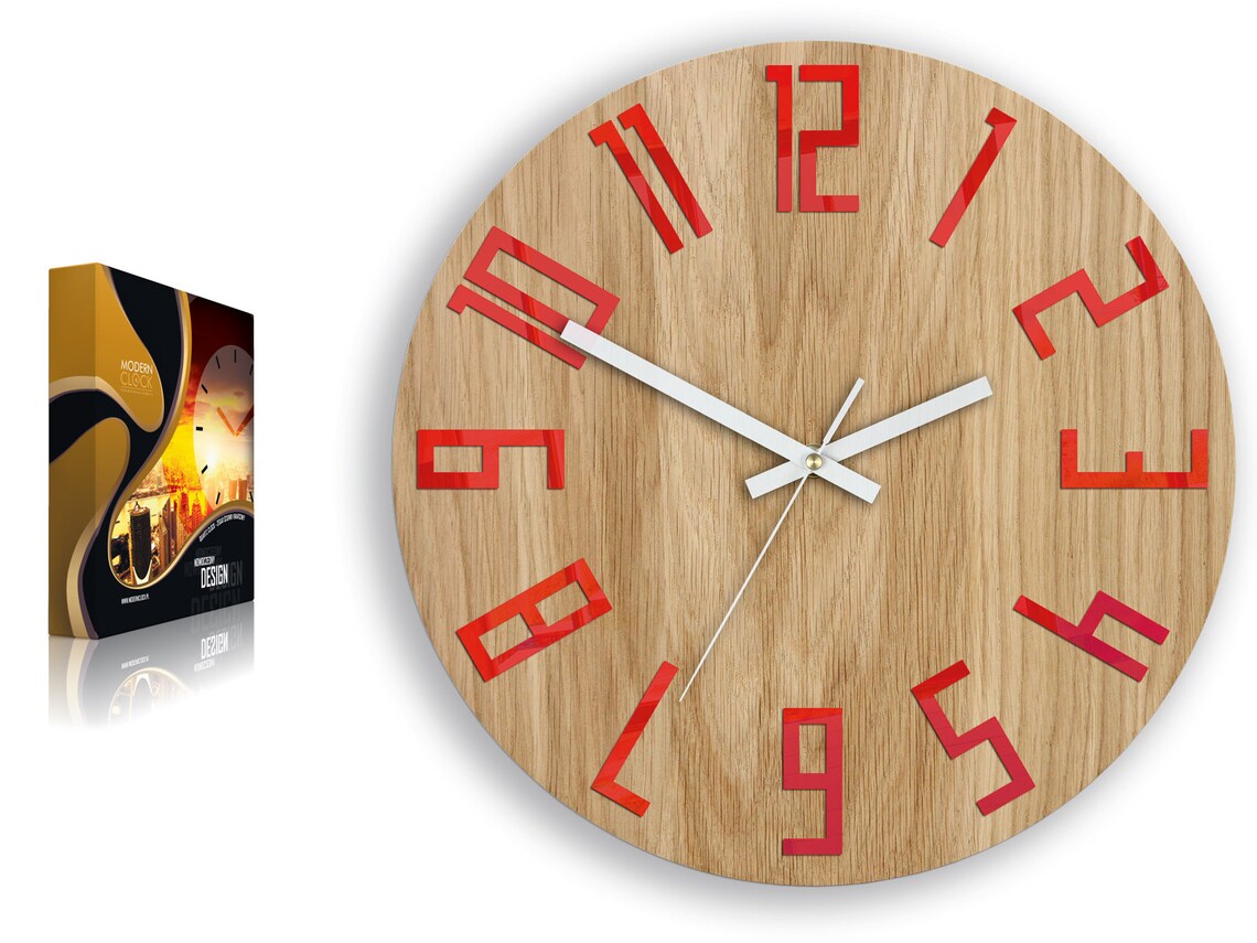 Wall clock with red numbers Silent wood clock Unique clock | Etsy