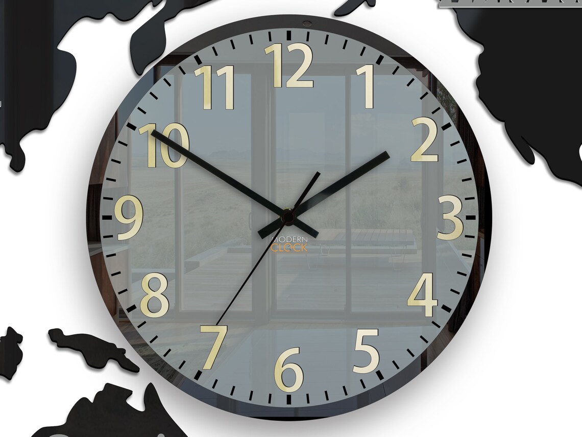 Large Wall Clock World Map Black With Gold Numbers 110cm X 55cm / 43,31 ...