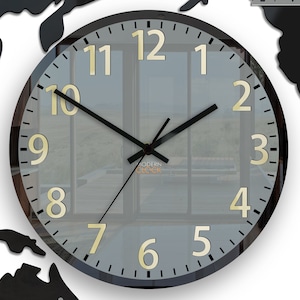 Large Wall Clock World Map Black With Gold Numbers 110cm X 55cm / 43,31 ...