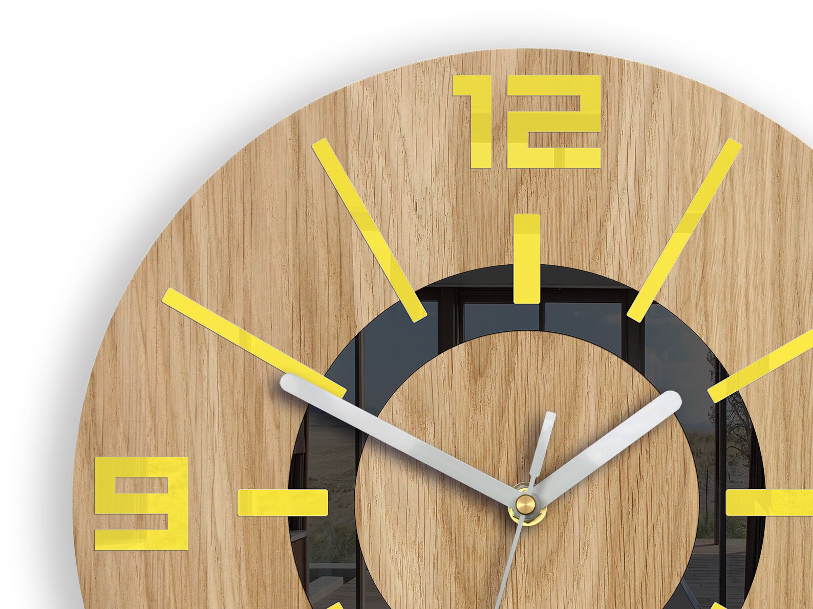 Yellow Wall Clock With Wood, Wood Clock, Silent Modern Wall Clock ...