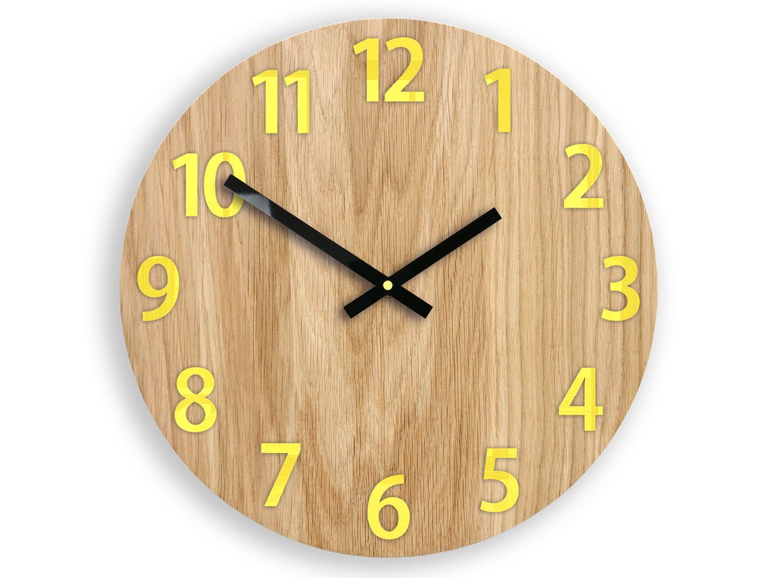 Houten wandklok met gele cijfers, eikenhouten klok 33,5 cm / 13,19 ...