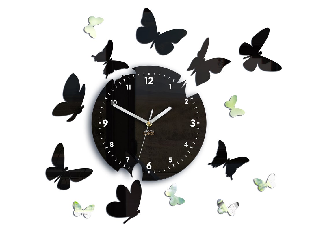 Wall Clock BUTTERFLY Black Silent Modern Clock- 14 Pcs Butterflay With ...
