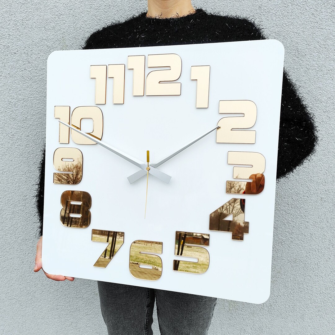 LARGE Wall Clock Modern Wall Clock White Gold Mirror Clock Gift Office ...