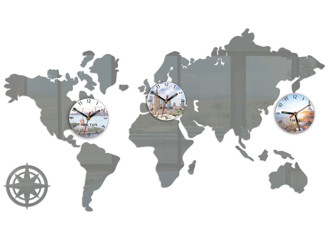 Large Clock World Map With 3 Time Zones: New York, Warsaw, Tokyo, 100cm ...