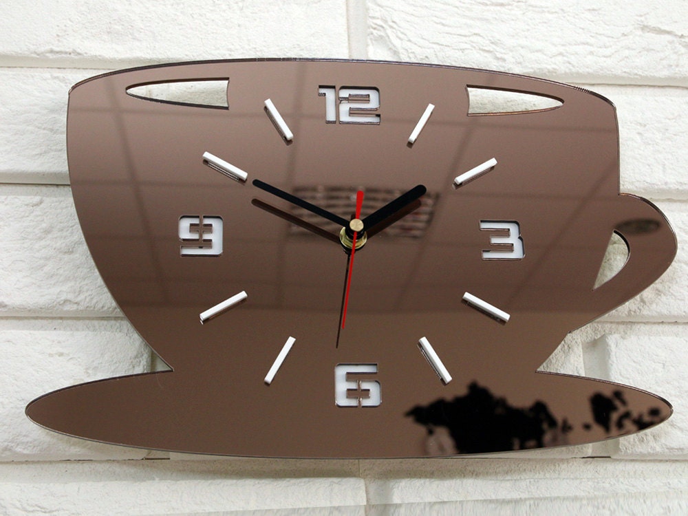 Wall Clock CUP Large wall clock Brown mirror Modern clock | Etsy