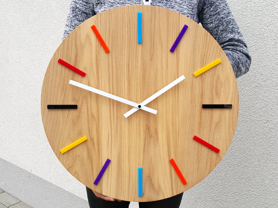 Large Wall Clock- Silent Oak Wood Clock With Colorful Indeks and White ...