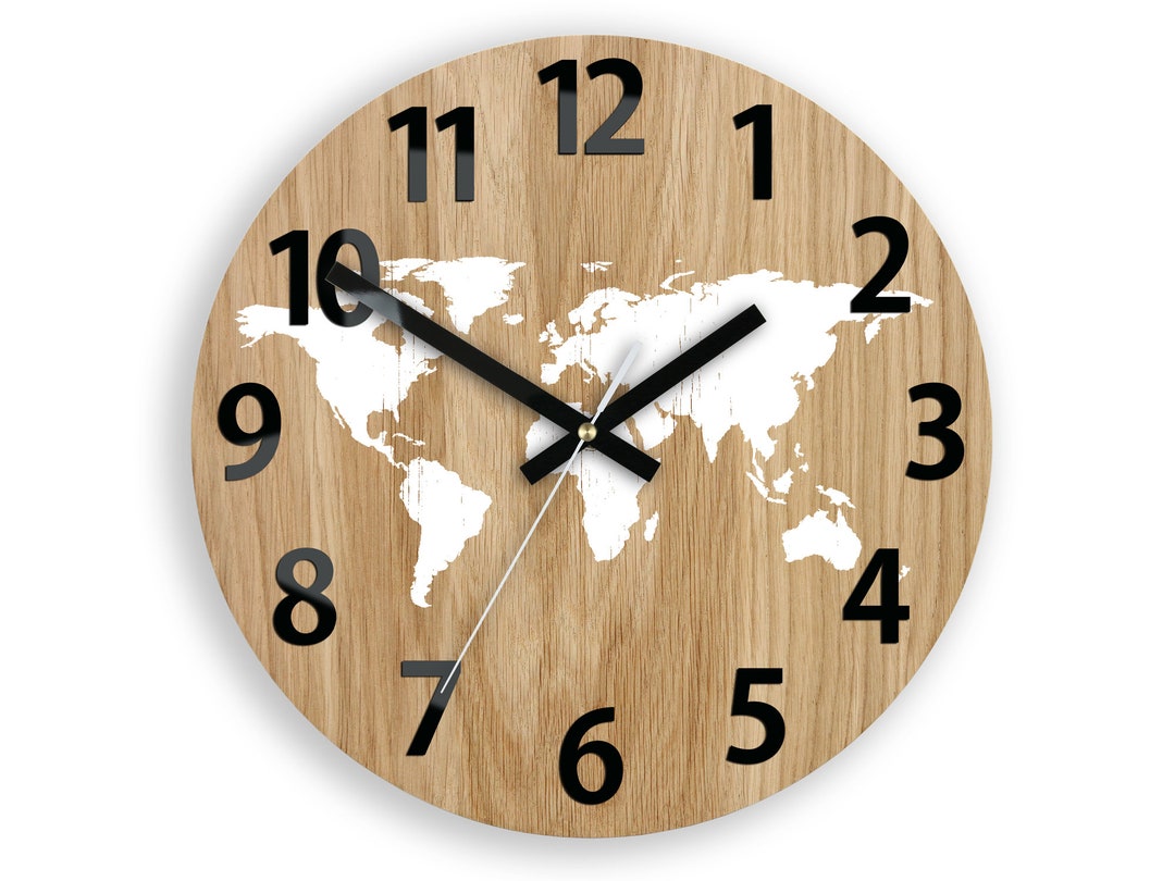 White Wood Clock - World Map, Black and White Silent Modern Clock With ...