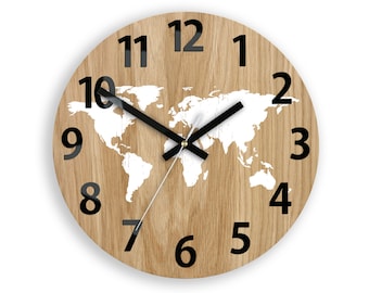 Wall Clock Wood World Map, Black Silent Modern Clock With Numbers 33 ...