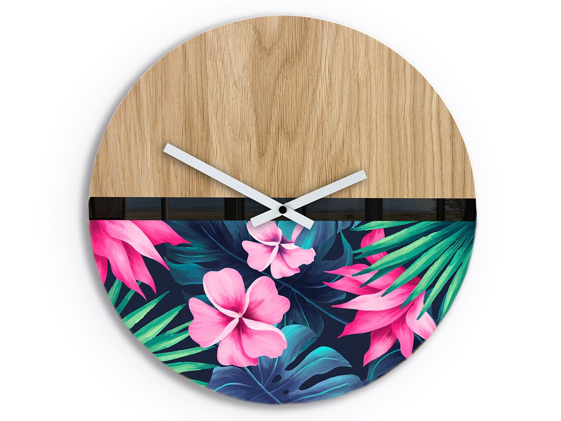 Large Wall Clock Pink Flower Silent Wood Clock With Leaf - Etsy