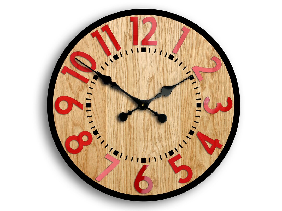 Wood Clock Berlin- Red - Clock With Numbers ,loft Wall Clock, Modern ...