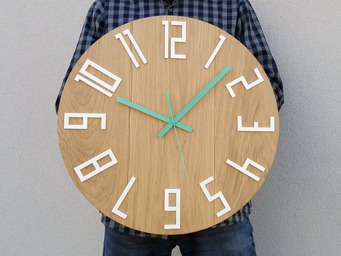 Large Wall Clock Silent Oak Wood Clock With White Numbers and | Etsy