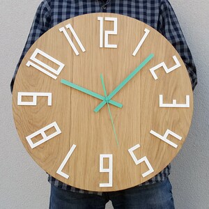 Large Wall Clock- Silent Oak Wood Clock With White Numbers and Mint ...