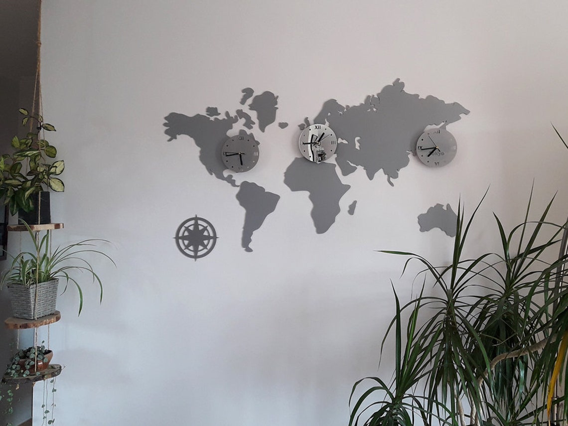 Large Wall Clock World, Personalized Clock, Stone Gray Clock, 3 Time ...