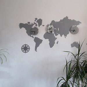 Large Wall Clock World, Personalized Clock, Stone Gray Clock, 3 Time ...