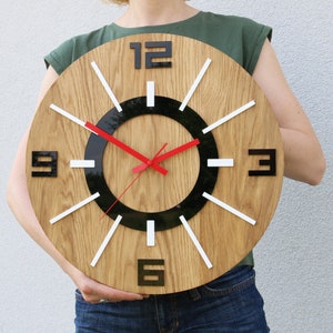 Large Wood Wall Clock, OAK, 40cm, 15.75" , Gift, Unique Wall Clock, Red ...